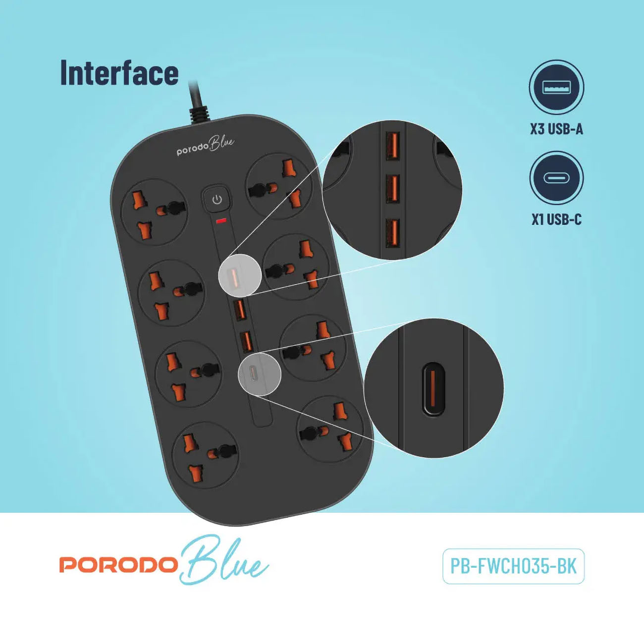 Porodo Power Strip / 8 AC Sockets + 3 USB‑A Ports + 1 Type‑C Port ...